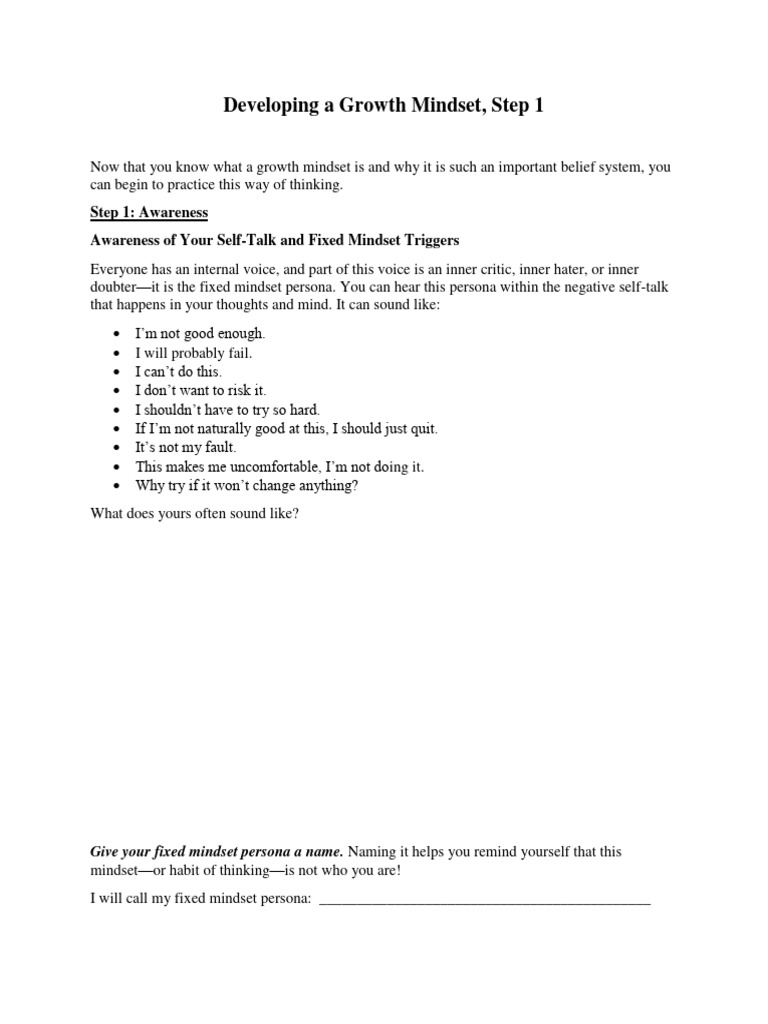 Developing A Growth Mindset Step 1 Awareness WS | PDF | Mindset ...