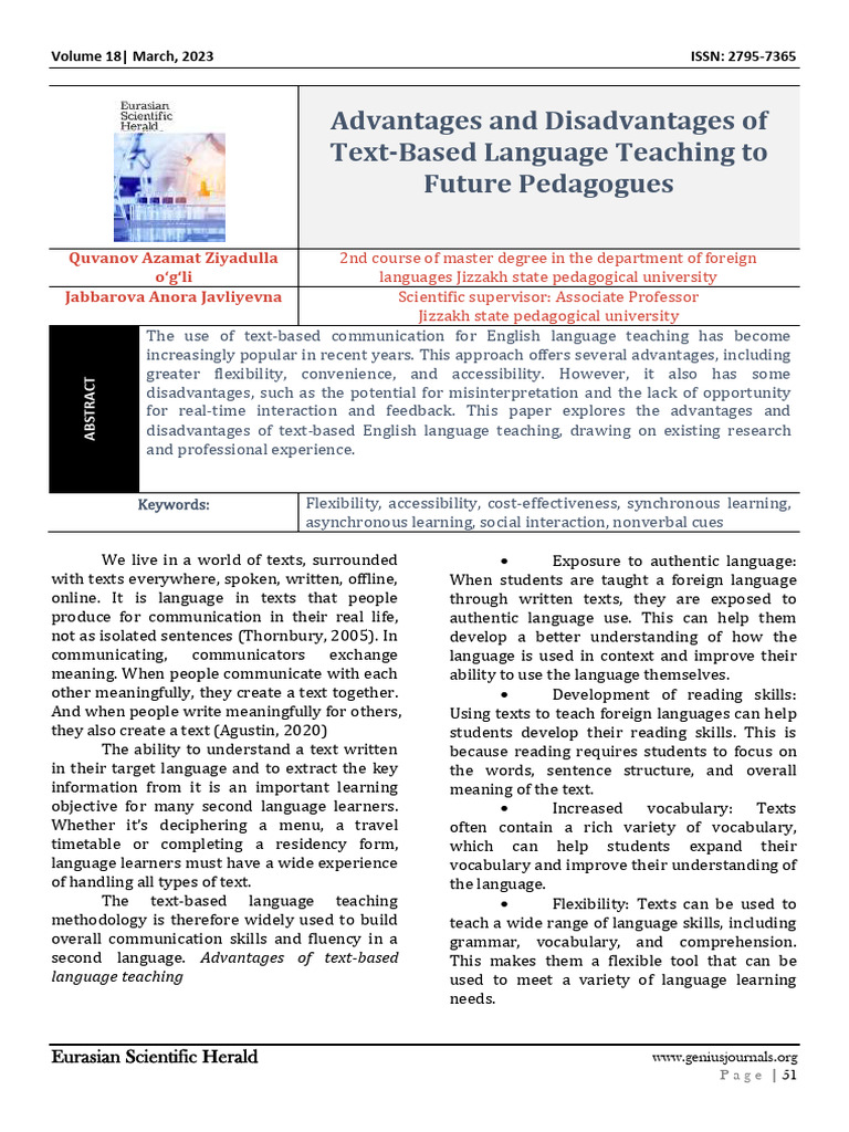 Advantages and Disadvantages of Text-Based Language Teaching To Future ...