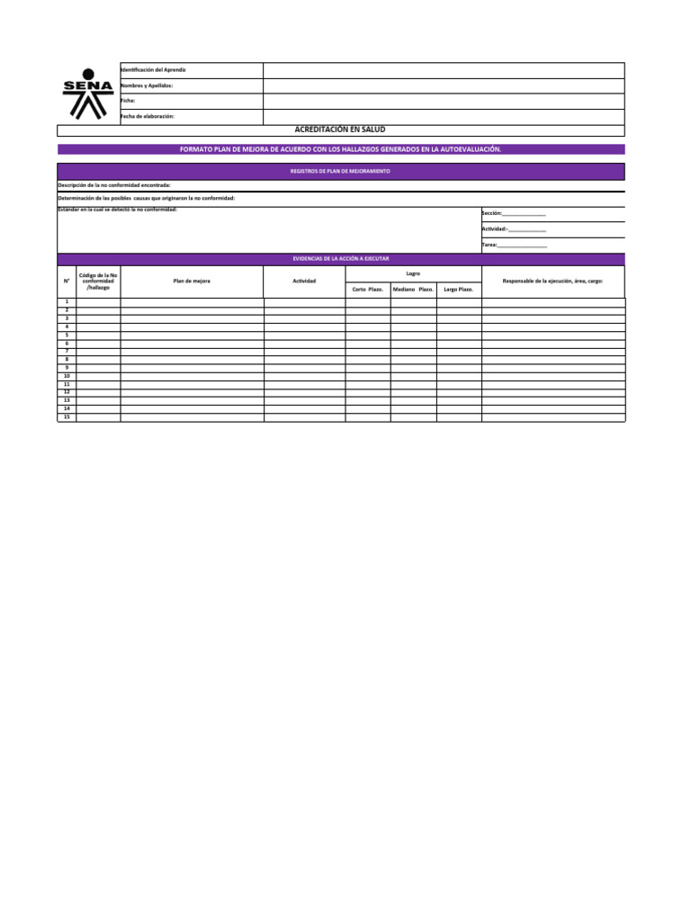 Acreditación en Salud: Formato Plan de Mejora de Acuerdo Con Los ...