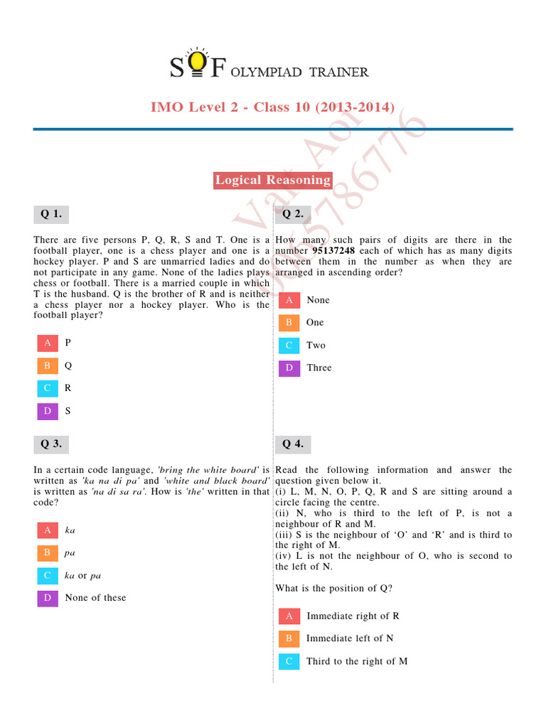IMO Level 2 - Class 10 (2013-2014) | PDF
