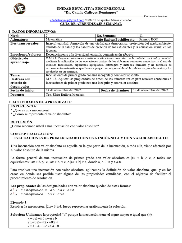 Guia Semana 11-1ero Bgu Matematica-Efren | PDF | Desigualdad (Matemáticas) | Matemáticas