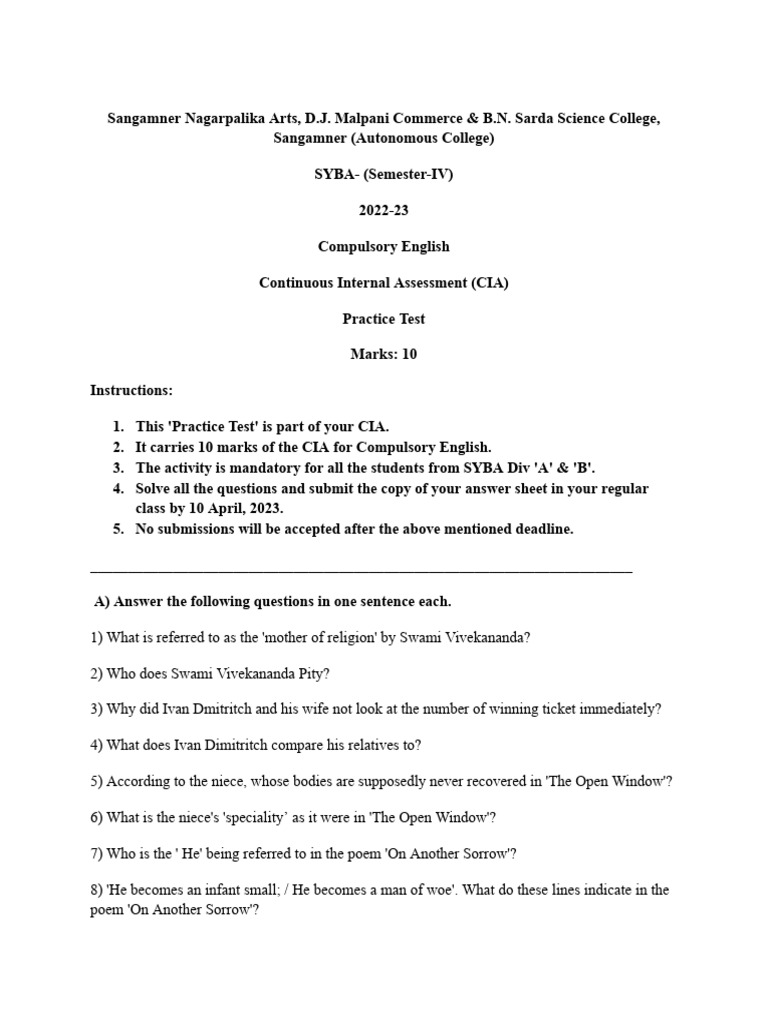 Practice Test - SYBA | PDF