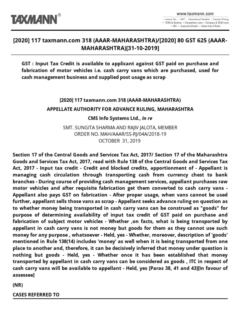 2020 117 Taxmann Com 318 AAAR MAHARASHTRA 2020 80 GST 625 AAAR ...