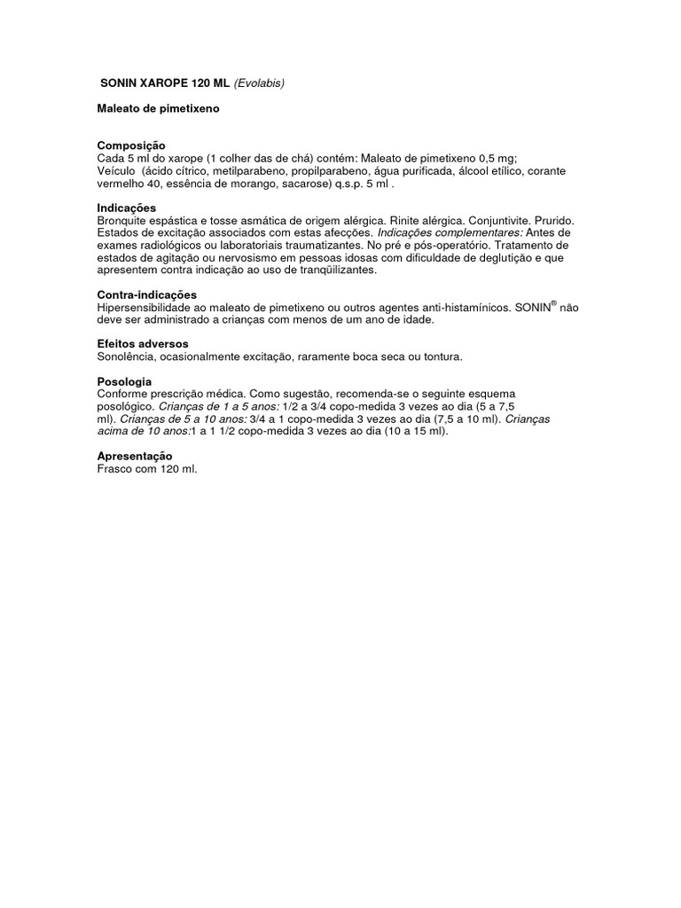 Sonin Xarope: Uso, Indicações e Posologia | PDF