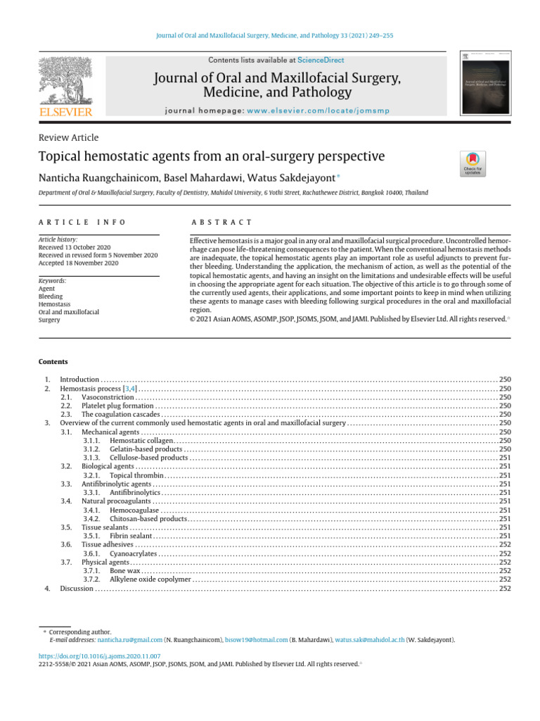 Topical Hemostatic Agents From An Oral-Surgery Perspective | PDF