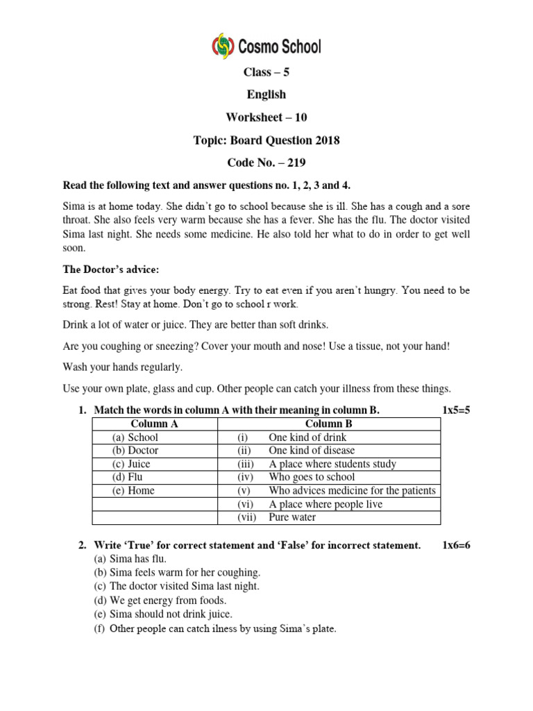 Class - 5, English, Worksheet-10 | PDF