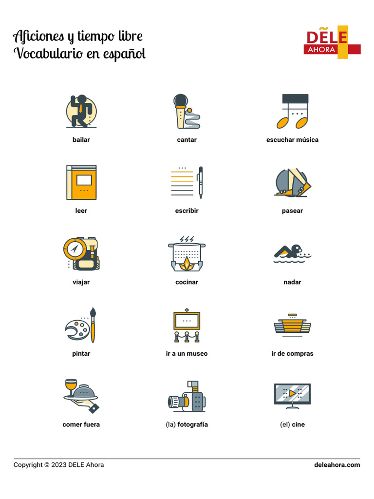 Aficiones y Tiempo Libre Vocabulario en Espanol Imprimible | PDF