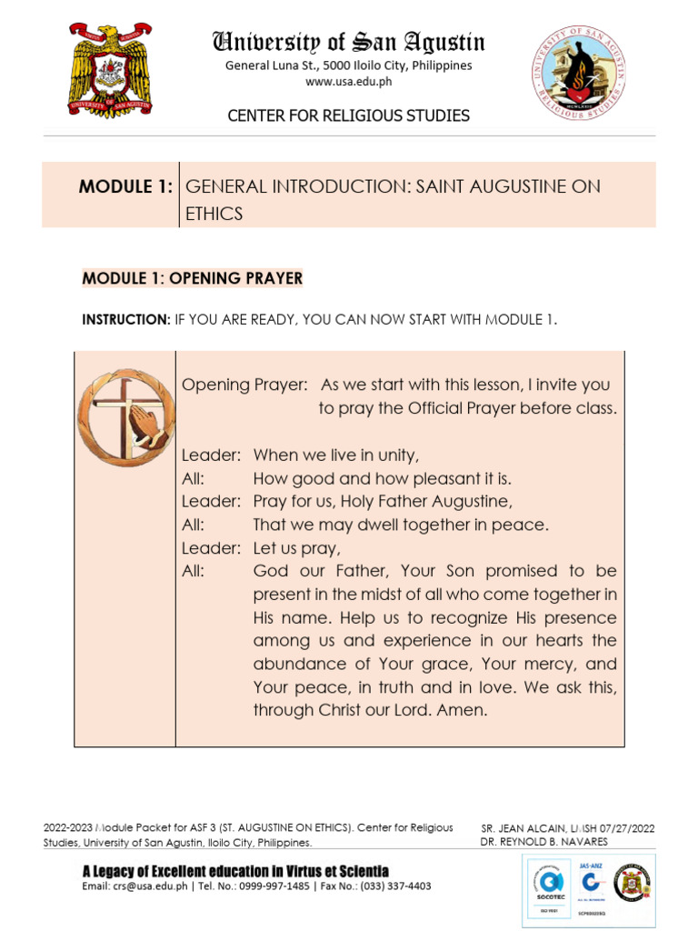 Asf 3 Module 1 General Introduction Saint Augustine On Ethics 1 | PDF | Wellness | Science ...