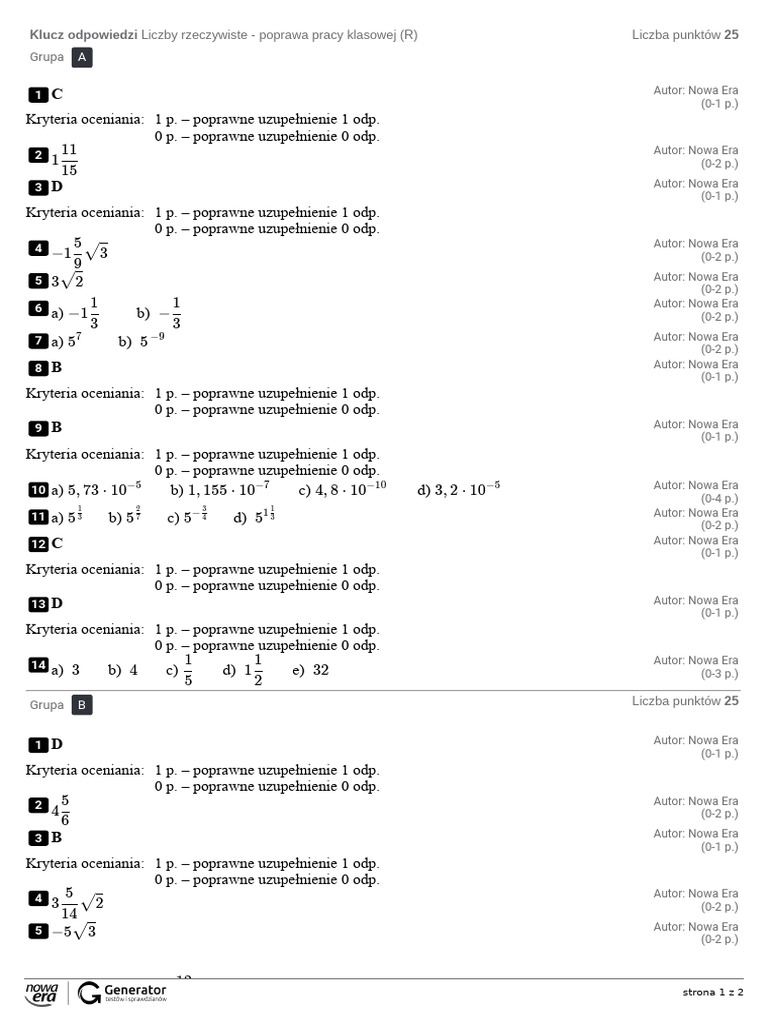 Liczby Rzeczywiste - Poprawa Pracy Klasowej (R) Klucz Odpowiedzi | PDF