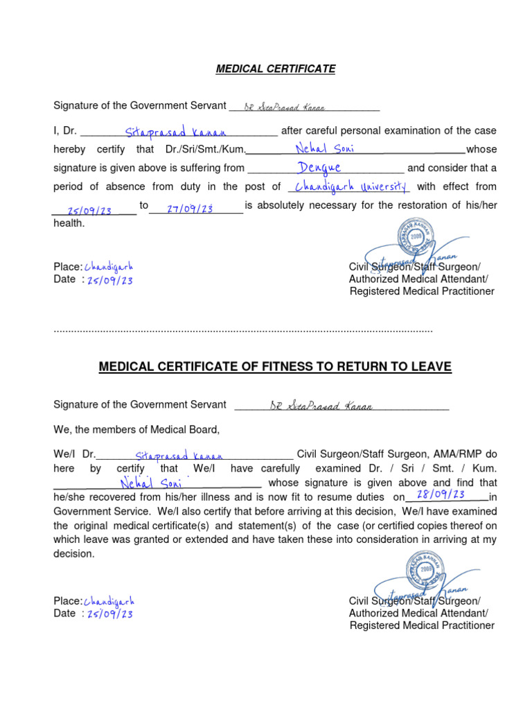 Medical Unfit and Fitness Certificate Nehal | PDF