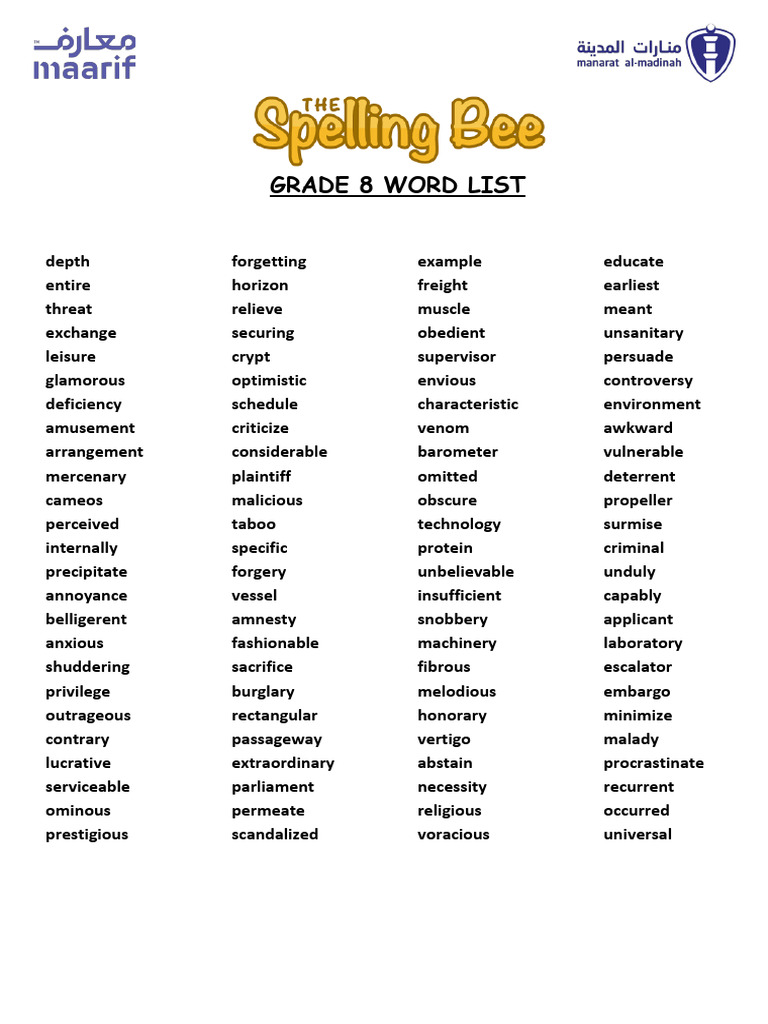 8th Grade Spelling Bee List Weekly Spelling Lesson 8 (Grade 1)