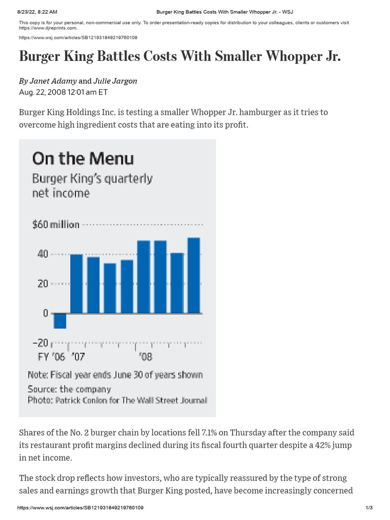 Burger King Battles Costs With Smaller Whopper Jr. - WSJ | Download ...