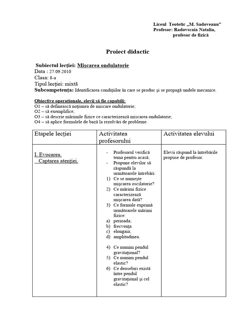 Proiect Didactic Cl. 8a Miscarea Ondulatorie | PDF