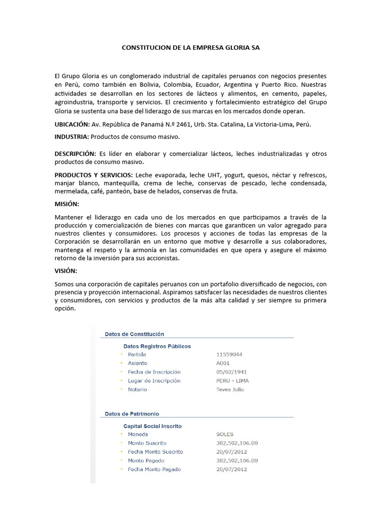 Constitución de Gloria S.A. en Perú | PDF | Leche | Perú