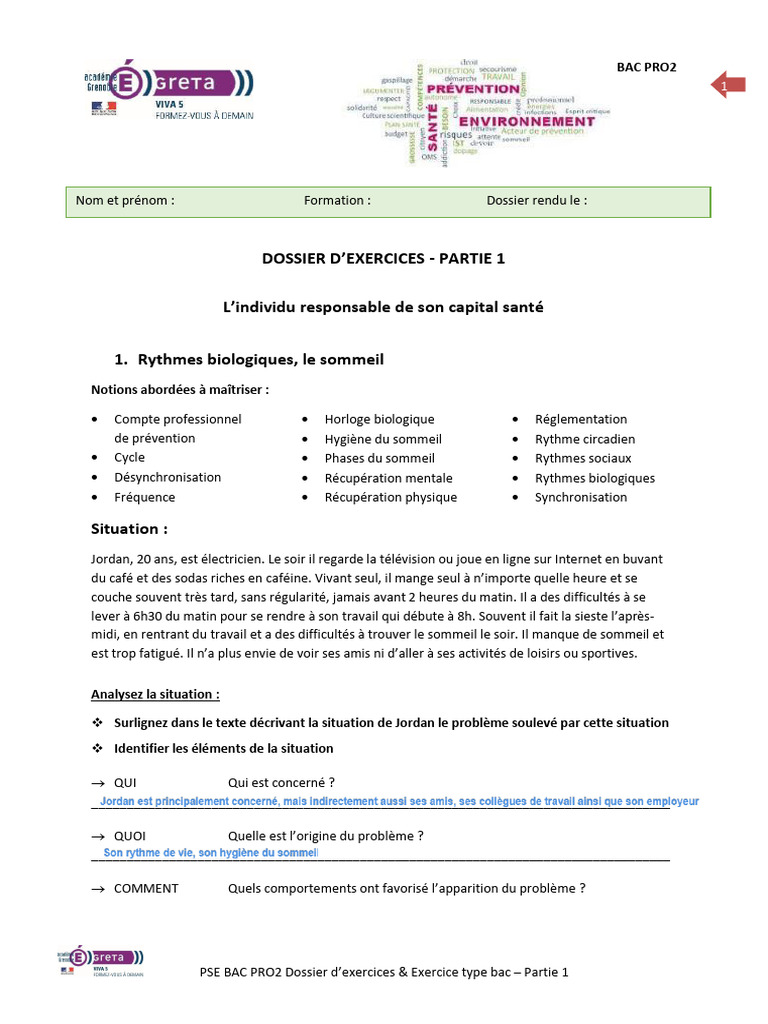 Exercices PSE Bac Pro : Santé et Bien-être | PDF