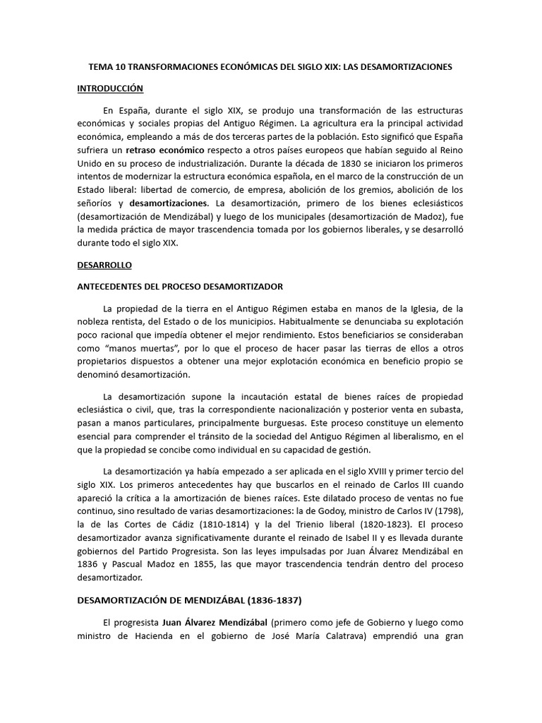 Tema 10 Transformaciones Económicas Del Siglo Xix. Desamortizaciones | PDF