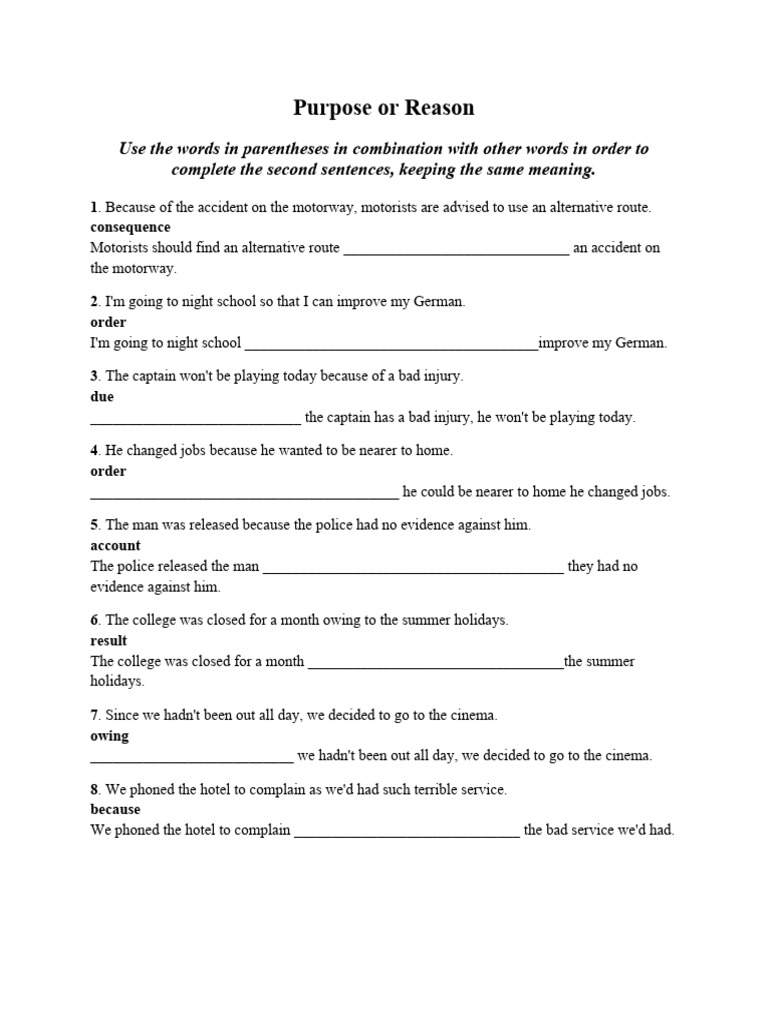 Words of Purpose or Reason-Exercises | PDF | Career & Growth | Language ...