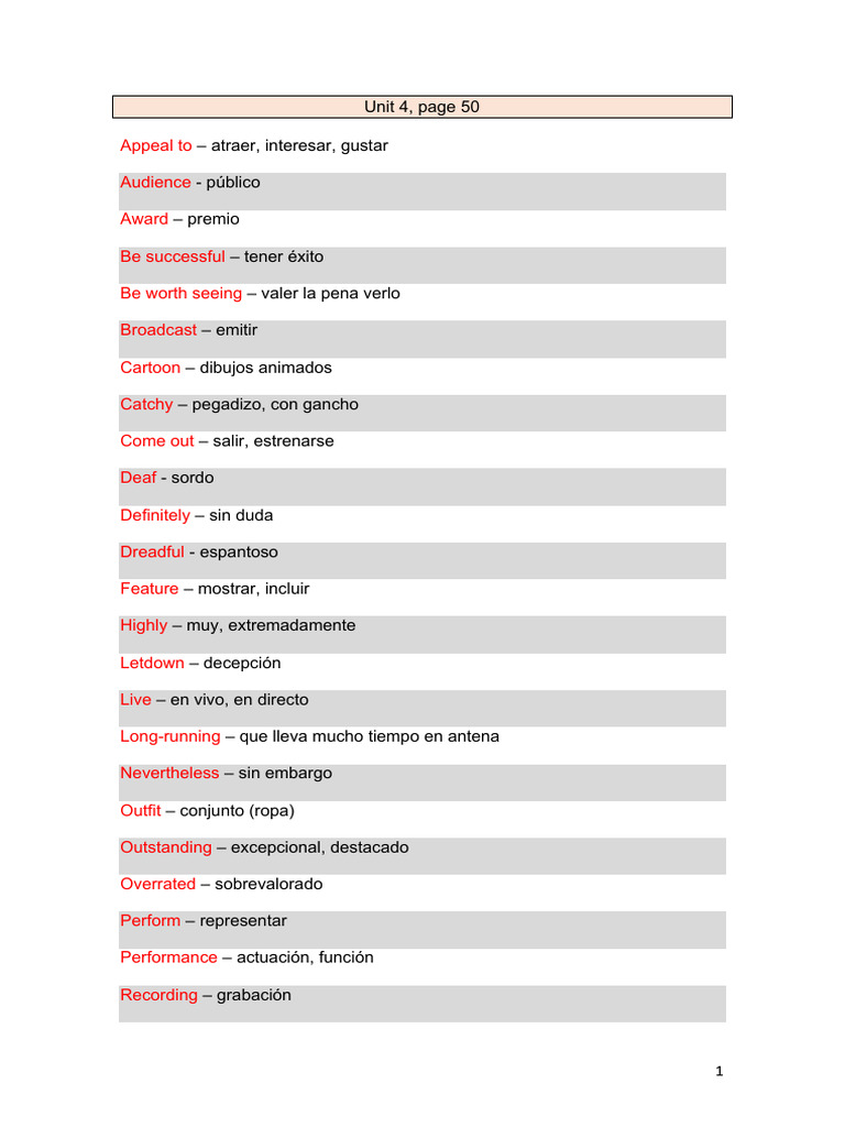Glosario de Vocabulario de Unit 4 | PDF