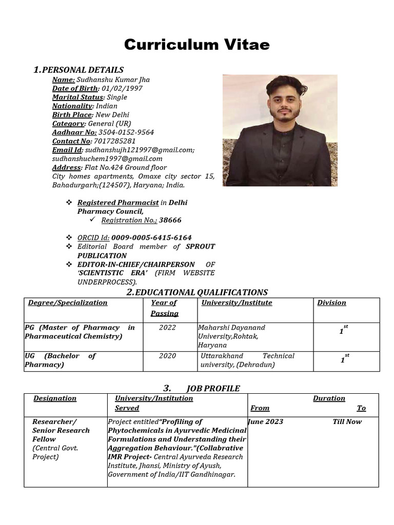 Sudhanshu Jha's Academic CV and Research | PDF | Pharmacy | Ayurveda