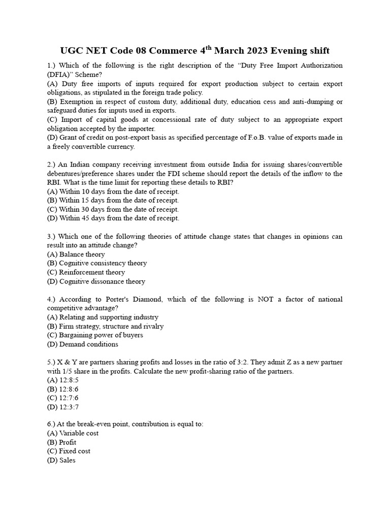 UGC NET Code 08 Commerce 4th March 2023 Evening Shift Question Paper ...