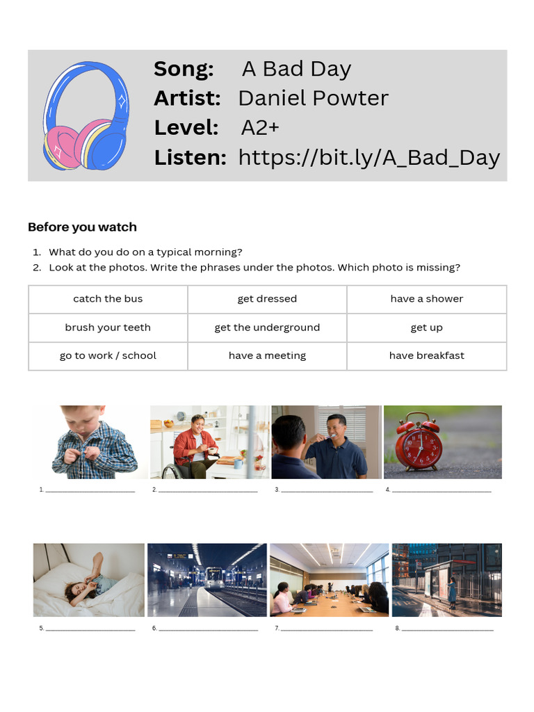 A Bad Day by Daniel Powter - A2 (Student Worksheet) | PDF