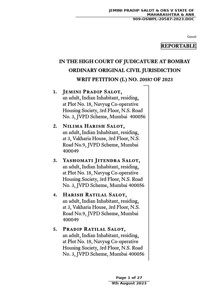 Jemini Pradip Salot & Ors V State of Maharashtra & Anr 909-OSWPL-20587 ...