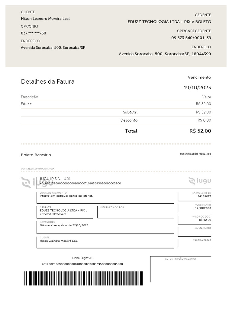 Boleto 17 10 2023T12 - 40 - 50.986Z | PDF | Bancos | Tecnologia bancária