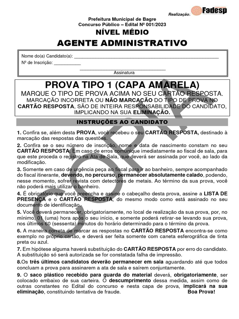 Prova Nível Médio Agente Administrativo Tipo 1 04-09-2023 | PDF