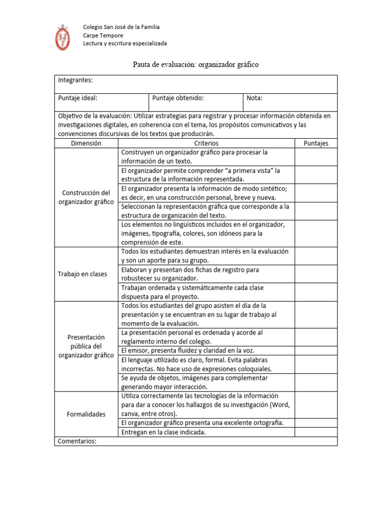 Pauta de Evaluación Organizador Gráfico | PDF | Evaluación | Información