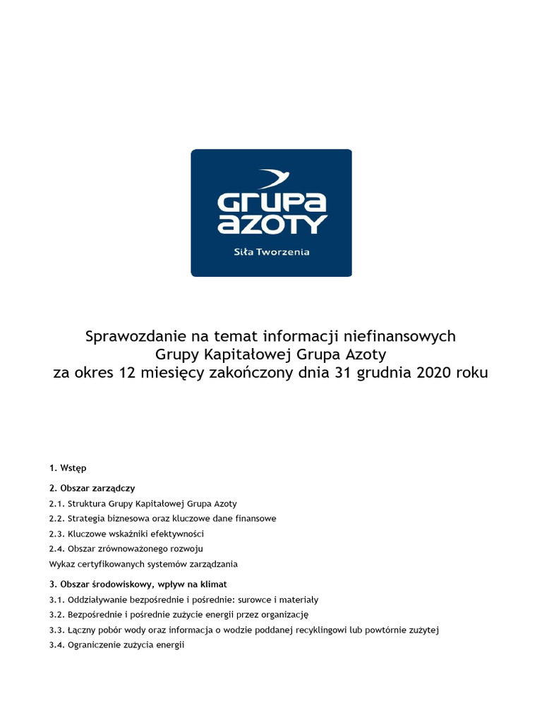 2020 Raport Niefinansowy Grupy Azoty | PDF