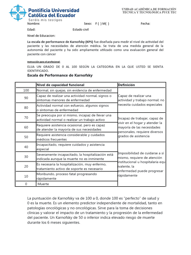 La Escala de Performance de Karnofsky | PDF