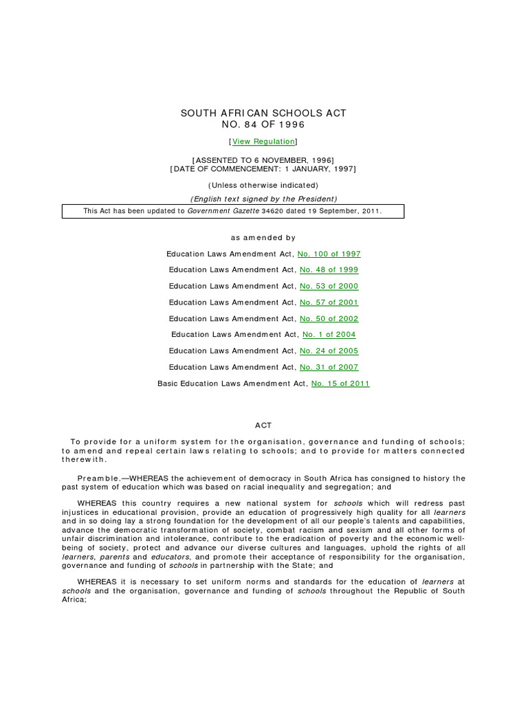 South African Schools Act, No 84 of 1996 (As Amended by Act 15 of 2011), 28 10 2011 | PDF | Act ...
