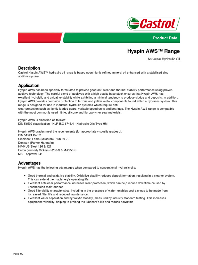 Castrol Hyspin AWS Range | PDF | Chemical Substances | Industrial Processes Castrol Hyspin AWS Range | PDF | Chemical Substances | Industrial Processes