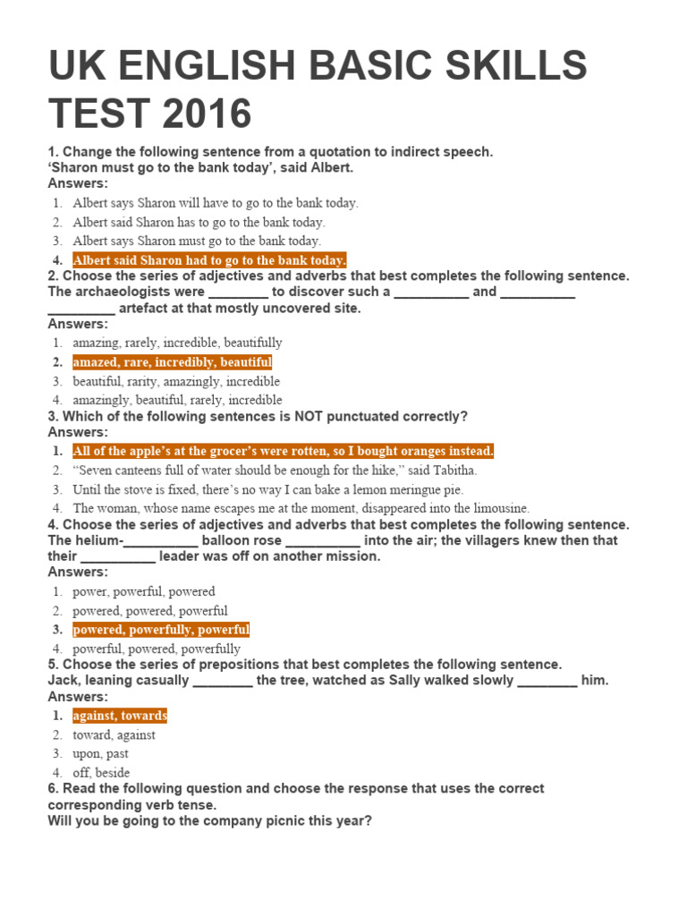 Uk English Basic Skills Test 2016 | PDF | Adverb | Verb