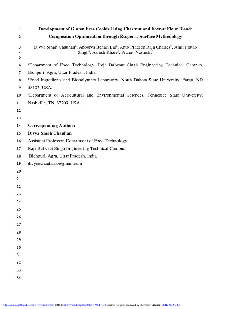 Development of Gluten Free Cookie Using Chestnut and Foxnut Flour Blend Composition Optimization ...