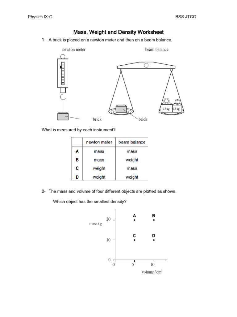 Mass Weight Density Worksheet 1 | PDF | Mass | Density