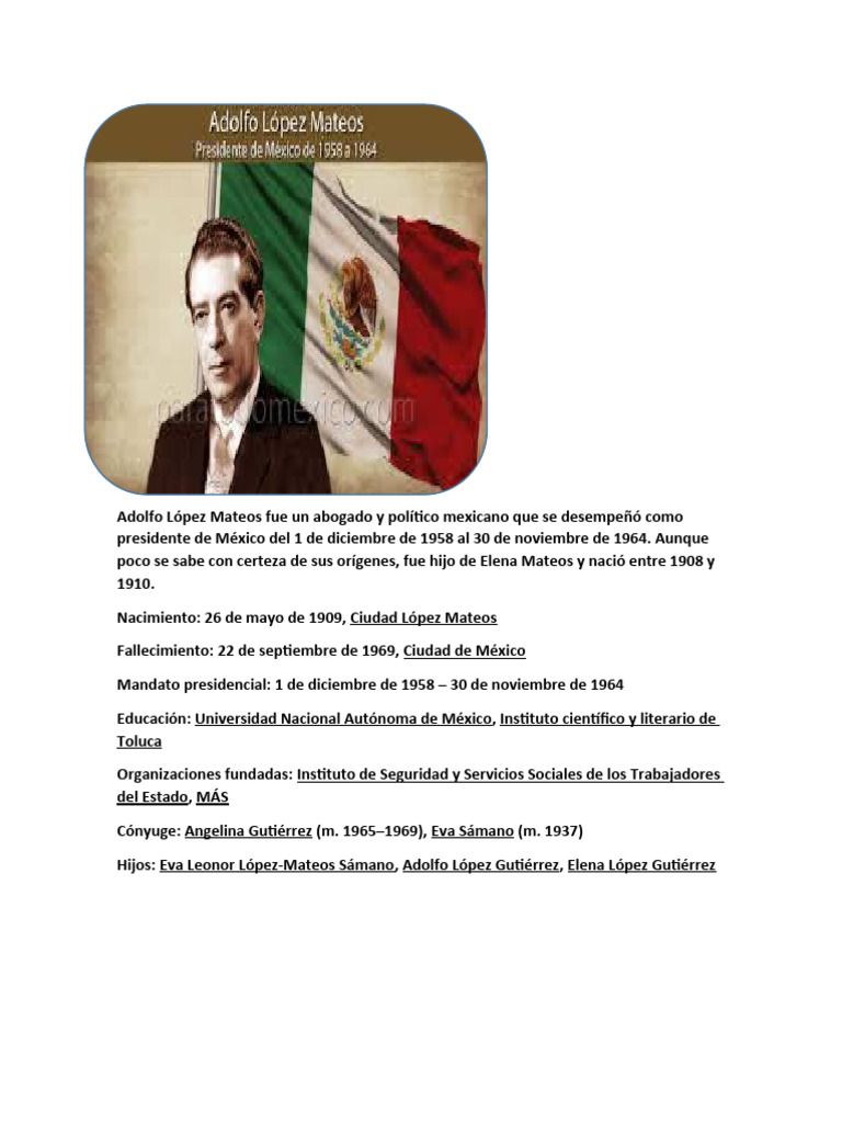 Adolfo López Mateos Fue Un Abogado y Político Mexicano Que Se Desempeñó ...