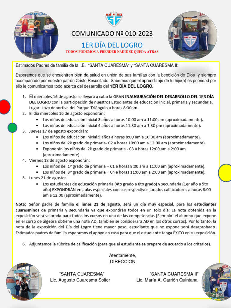 Comunicado #010-2023 - 1er Día Del Logro | PDF