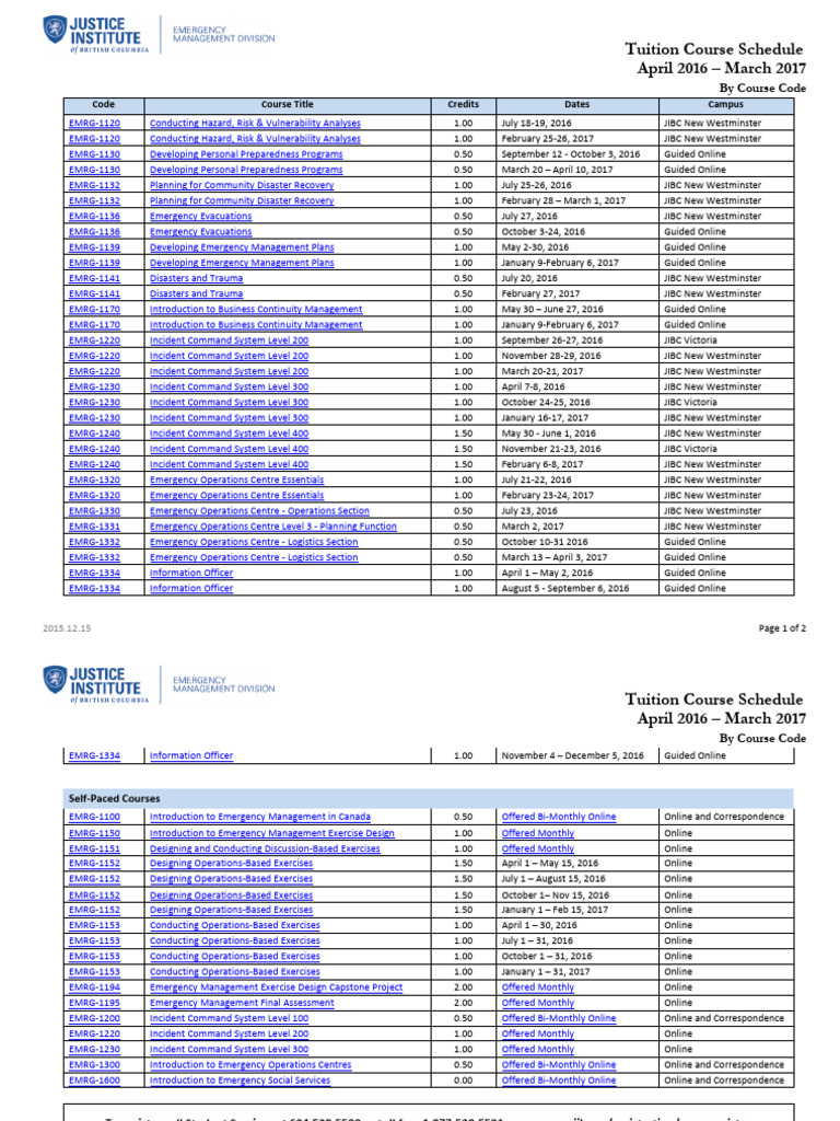 JIBC ICS Course Schedule 2016-2017 | PDF | Emergency Management | Emergency