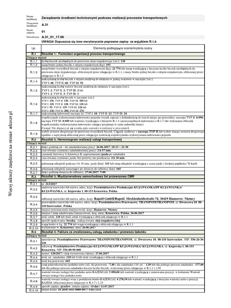 A31 2017 Czerwiec Egzamin Zawodowy Praktyczny Zasady Oceniania | PDF