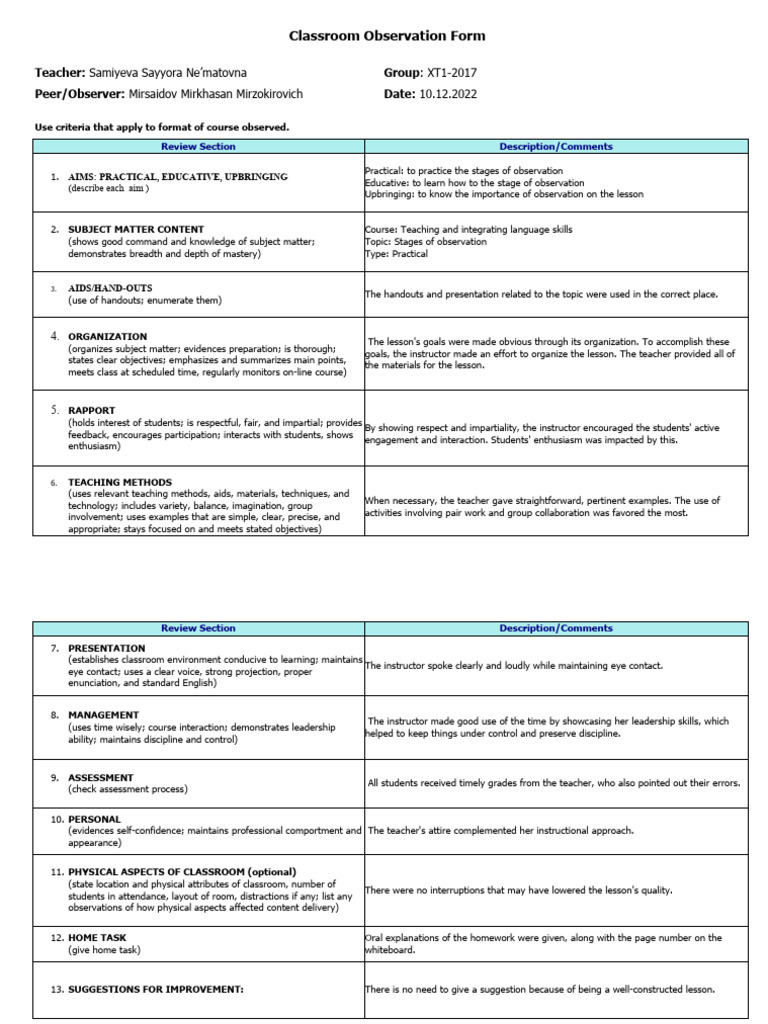 Classroom Observation Form | PDF | Teachers | Teaching Method