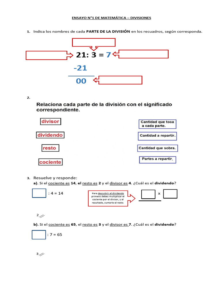 Ensayo para Prueba de Matemáticas-Divisiones_PAZ | PDF | División (Matemáticas) | Matemática ...