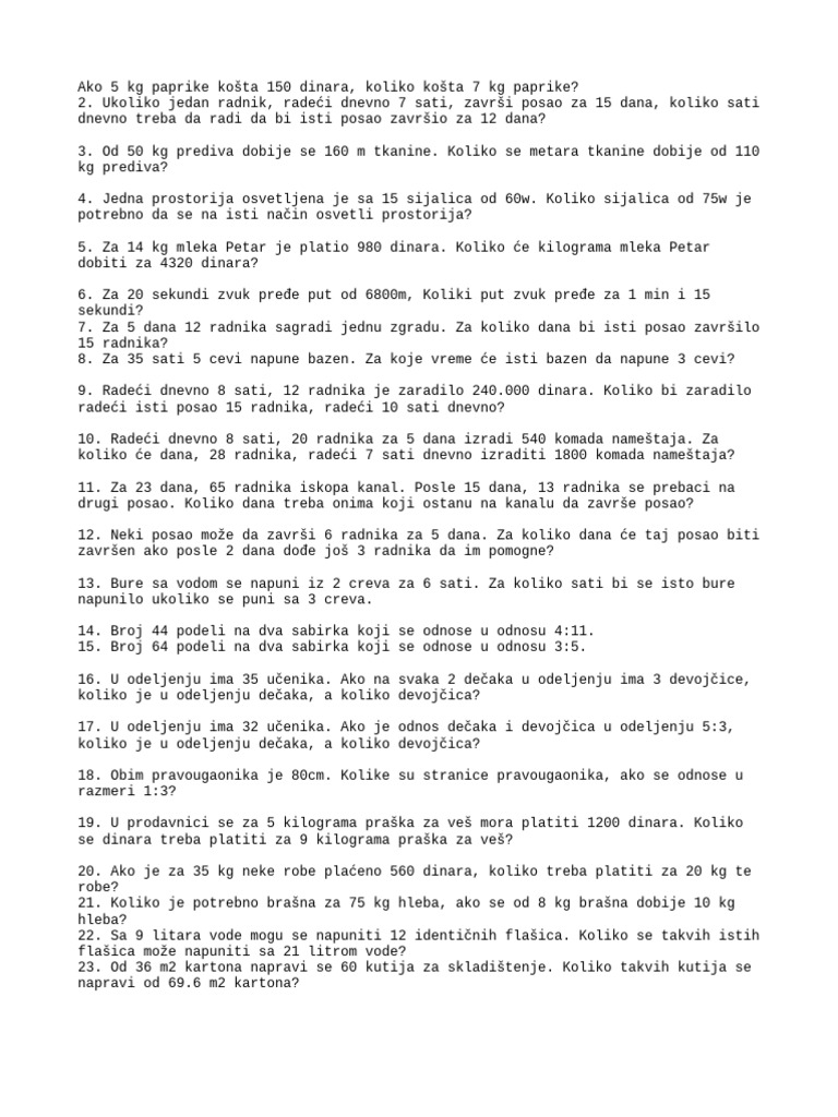 Zadaci Proporcionalnost | PDF