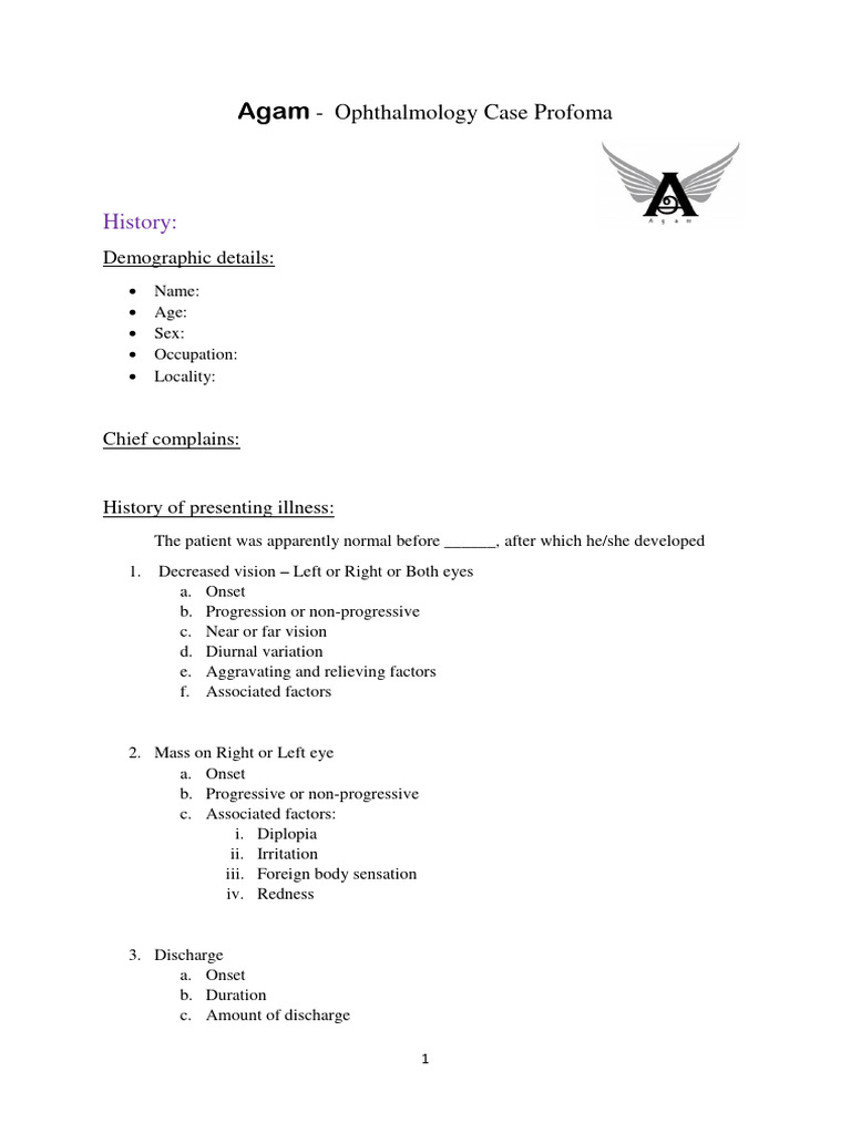 Ophthalmology Case Profoma - Agam | PDF | Cornea | Human Eye