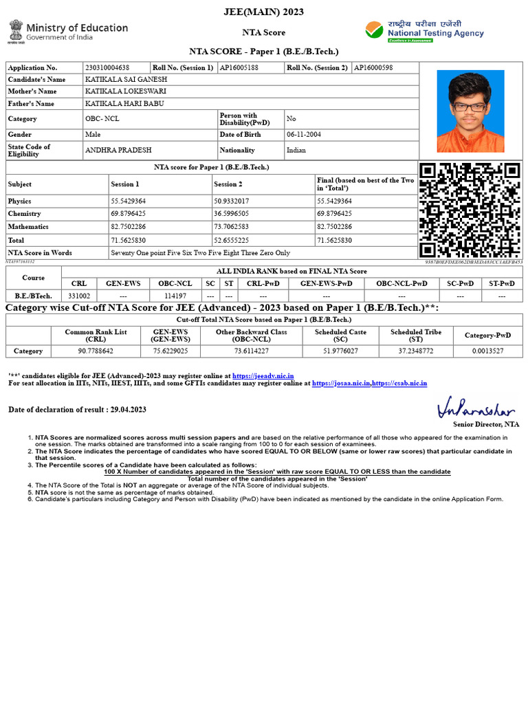 NTA Score NTA SCORE - Paper 1 (B.E./B.Tech.) : Date of Declaration of ...