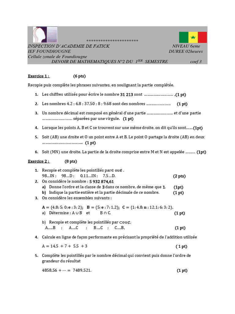 Epreuve Maths 6eme | PDF