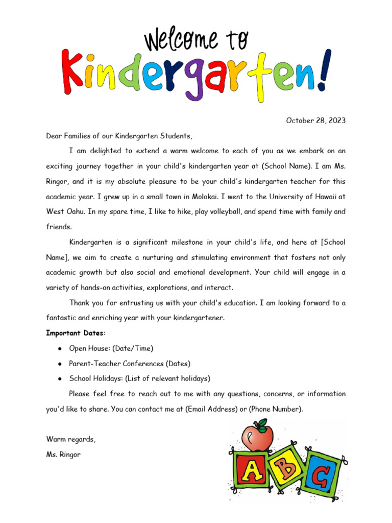 Welcome to Kindergarten from Ms. Ringor | PDF