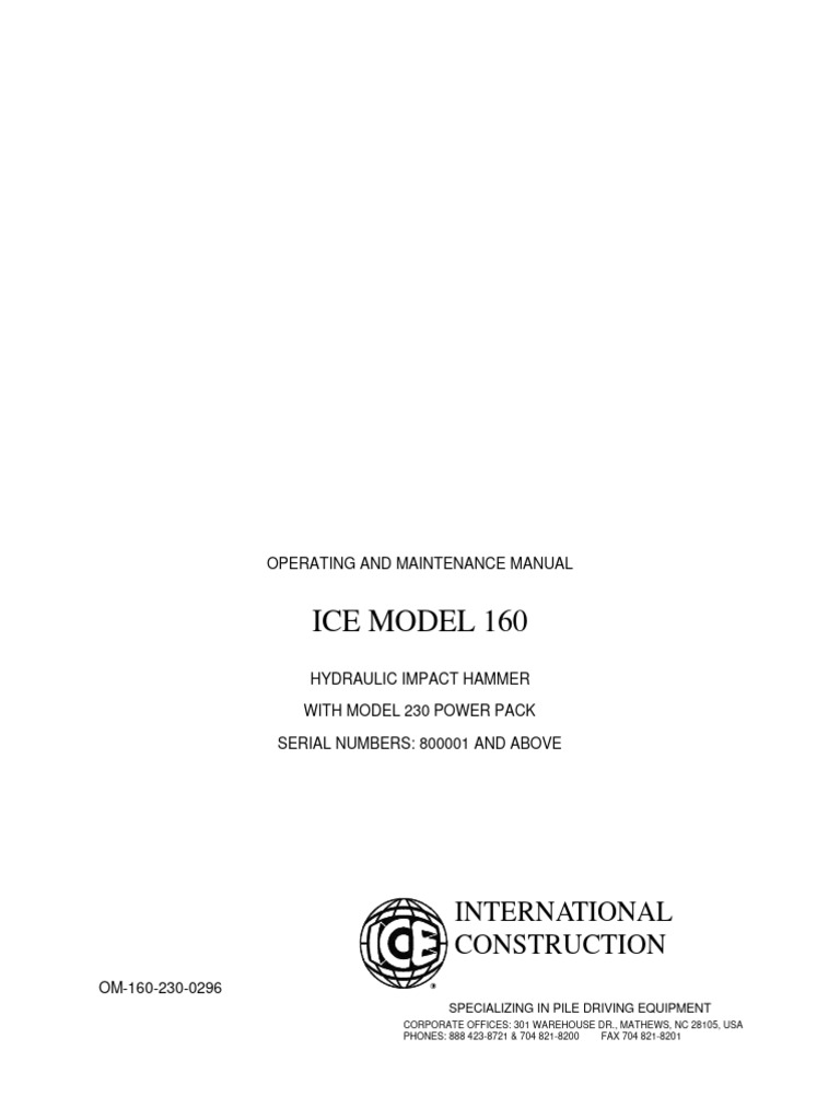 ICE Model 160 Hydraulic Hammer Manual | PDF | Crane (Machine) | Actuator
