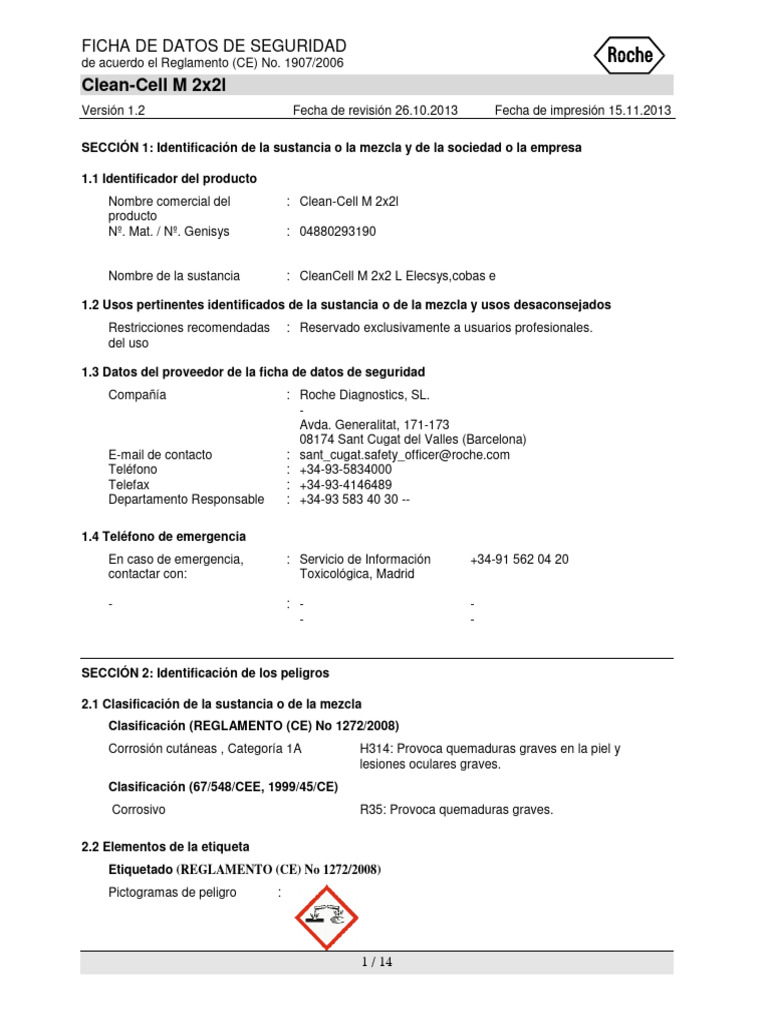 Ficha de Seguridad Clean-Cell M 2x2l | PDF | Quemar | Seguridad y salud ...