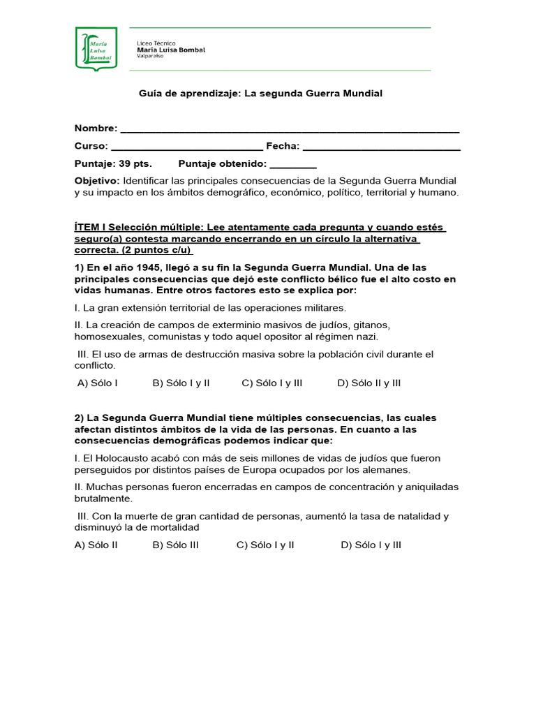 Guía de Aprendizaje Segunda Guerra Mundial | PDF | Segunda Guerra ...